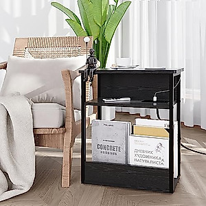 GGWEW Narrow Side Table with Charging Station, 3 Tier Slim End Table for Small Spaces, 23.6 Inch Height Thin Tables with Storage Shelf and Magazine Rack for Living Room, Black