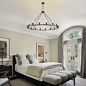 Tefiohen 48" 16-Light Large Wagon Wheel Chandelier, Farmhouse Chandelier, Heights Adjustable Rustic Vintage Round Pendant Light Fixtures for Kitchen Island Dining Living Room Foyer Entryway, Black