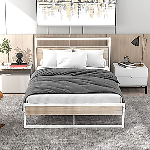 Bellemave Full Metal Bed Frame with Wooden Headboard and USB Ports Full Size Platform Bed 2-Tier Storage Headboard and Charging Station, Noise-Free, No Box Spring Needed, White