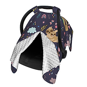 Rutiea Cute Cartoon Sloths Rainbow Car Seat Cover for Babies, Peekaboo Opening Minky Carseat Canopy Stroller Cover for Newborn, Mom Nursing Breastfeeding Covers, Blanket for Infant Toddler