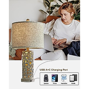 OYEARS 3-Way Dimmable 22'' USB A+C Touch Control Table Lamp Set of 2 with Nightlight for Living Room Bedroom Farmhouse Bedside Nightstand Lamps (2 Bulbs and 2 Built-in LED Beads Included)