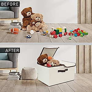 ShellKingdom Large Storage bins, 2 Set Foldable Linen Fabric Storage Cubes Organizer with Lid, Leather Handles, Removable Divider for Home, Closet, Toys, Cloth Storage Boxes - 16.5x11.8x9.8'' (Beige)