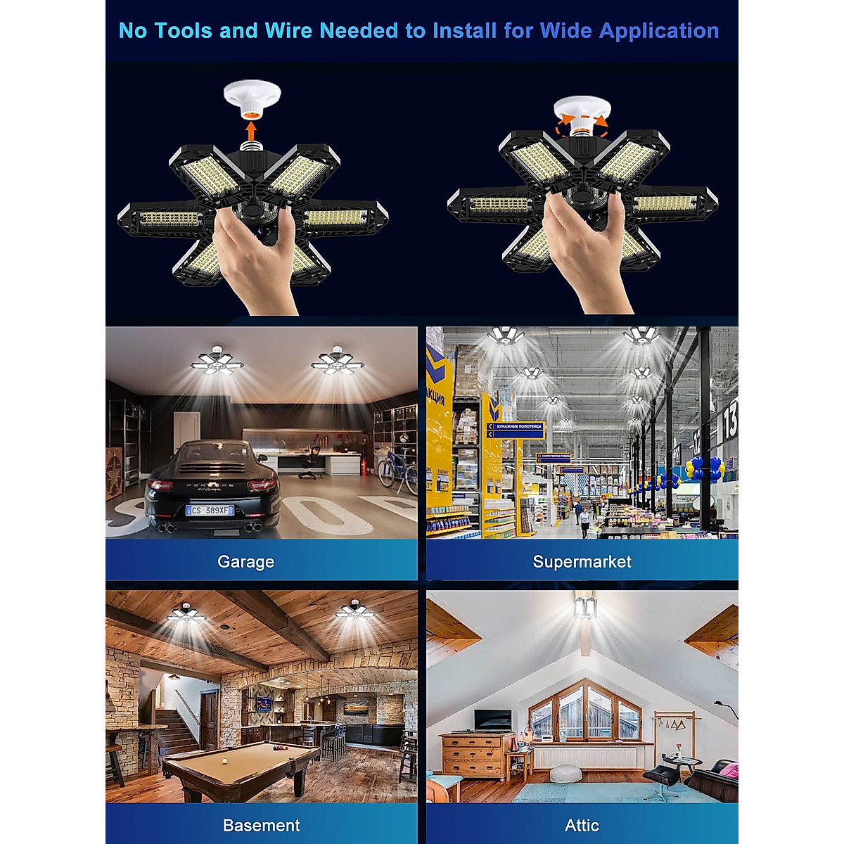 Kehot 2Pack LED Garage Light, 100W Aluminum LED Garage Ceiling Lights with 6 Super Bright Deformable Panels, 50000H Lifespan, Easy to Install, High Bay Light for Garage Attic Basement Barn Workshop