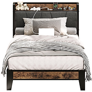 LIKIMIO Twin Bed Frames, Storage Headboard with Charging Station, Solid and Stable, Noise Free, No Box Spring Needed, Easy Assembly