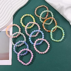 FINZOR 24Pcs 8mm Beaded Stretch Bracelet Handmade Round Glass Bracelet for Women Multicolor Matte Beads Elastic Bracelet Shining Beads Wristband Valentines Jewelry