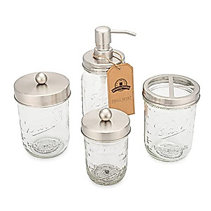 Jarmazing Products Ball Mason Jar Bathroom Gift Set (4 pcs) - Lotion/Soap Dispenser, Toothbrush Holder, Q-Tip Storage Jars - Farmhouse Home Decor for Vanity Organization - Stainless Steel