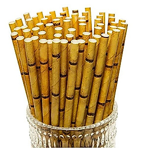 YEHAM 100 Pc 2 Colors Biodegradable Bamboo Print Paper Drinking Straws for Juices Shakes Birthday Wedding Party Supplies