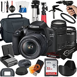 Canon EOS 2000D / Rebel T7 DSLR Camera with 18-55mm + 75-300mm Lens + SanDisk 32GB Card + Tripod + Case + MegaAccessory Bundle (22pc Bundle) (Renewed)