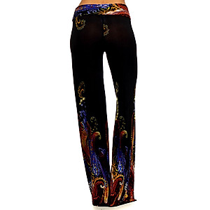 Black Palazzo Pants Multi Color Leaf Print Design, Fold Over Waist Band Small
