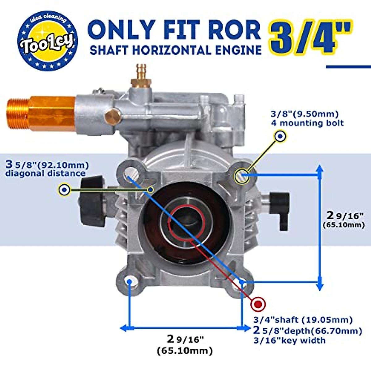 TOOLCY 3/4" Shaft Horizontal Pressure Washer Pump, 2500-3100PSI @ 2.5 GPM, Power Washer Pump for Gas Washer, Fit: K2400HH, GC190 GC160, MSH3125, 308418007 308653057, Honda, Generac, Craftsman,Karcher