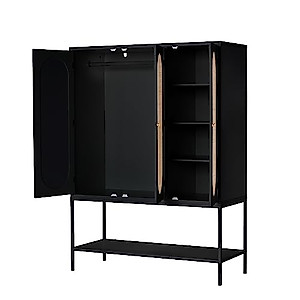Large Armoire Wardrobe Closet with 3 Doors, Rattan Wardrobe Cabinet with Shelves and Hanging Rail for Clothes, Freestanding Wooden Black Closet for Bedroom, Black (47.24" W x 18.89" D x 62.99" H)