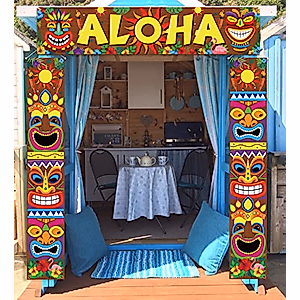 90shine 3PCS Hawaiian Luau Party Decorations Tiki Banners Aloha Tropical Moana Flamingo Door Porch Signs Wall Hanging Decor Supplies