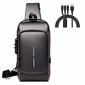 LELEBEAR Anti Theft Sling Bag, Usb Charging Sport Sling Anti-theft Shoulder Bag Waterproof Chest Bag (grey-brown)