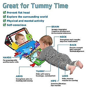 KETIEE Baby Tummy Time Mirror Toys, 3 in 1 Black and White High Contrast Infant Toys with Crinkle Cloth Book, Shark Doll & Teether Newborn Montessori Sensory Toys for Baby Boy Girl 0-3-6-9-12 Months