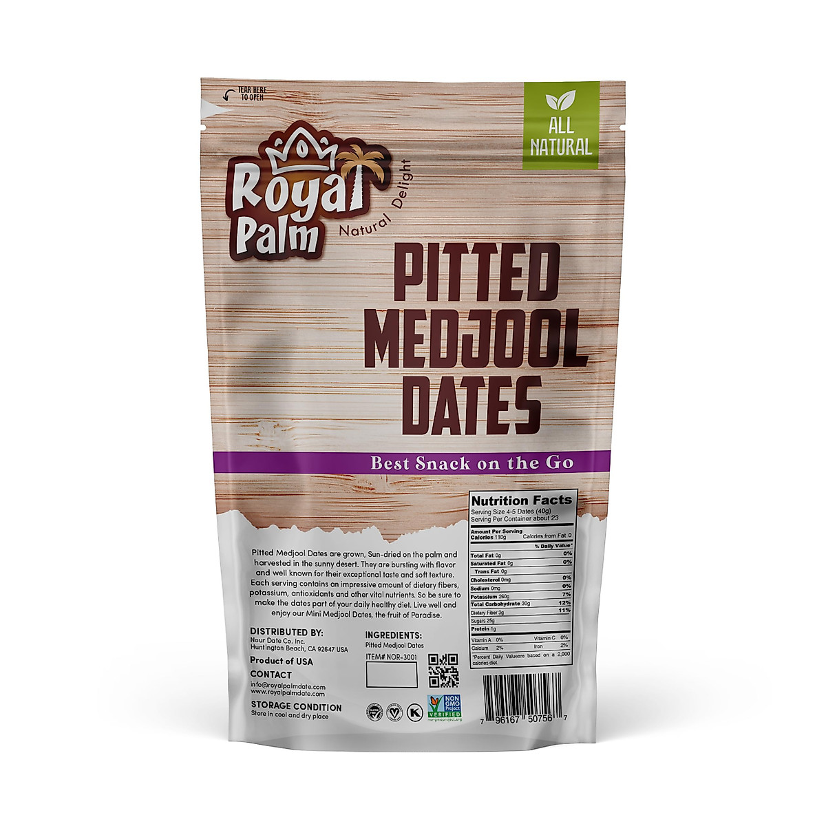 Royal Palm Pitted Medjool Dates, 16oz (Pack of 1) – 100% Natural, No Sugar Added, Non-GMO, Kosher, Fresh & Sweet – Ideal for Baking, Snacking, Energy Snacks, Healthy Eating