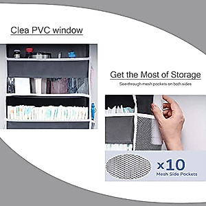 TAHAVICE Upgraded Over the Door Organizer Storage Transparent Window Storage Pockets with 3 Metal Hooks, Multifunctional Over The Door Hanging Closet Organizer with 5 Pockets,10 Mesh Pockets(Grey)