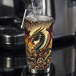 64HYDRO 20oz Steampunk Mechanical Dragon Tumbler, Engineer Mechanic Dragons, Gaming, Gamers Gifts for Dragon Lovers, Stainless Steel Double Wall Vacuum Insulated Coffee Mug, Travel Cup with Lid