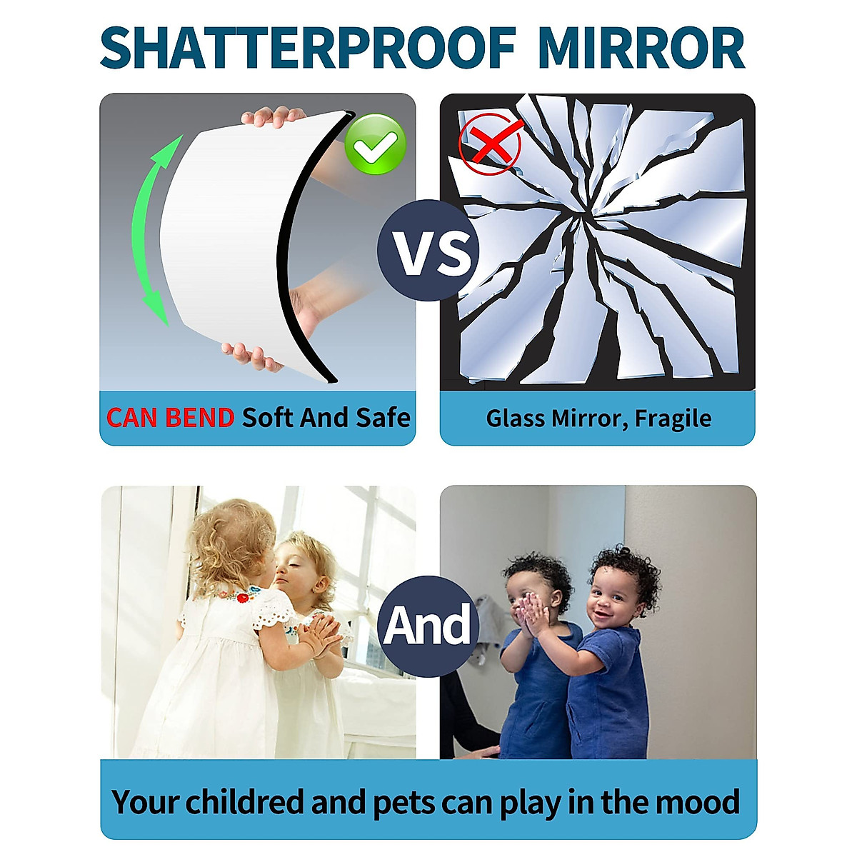 Shatterproof Full Length Mirror, Unbreakable Mirror for Wall, Full Body Mirror for Kids, Thick 0.1",4Pcs 12"x12", Made of Frameless Plexiglass Acrylic Plastic, Wall Mounted for Home Gym, Bathroom Door