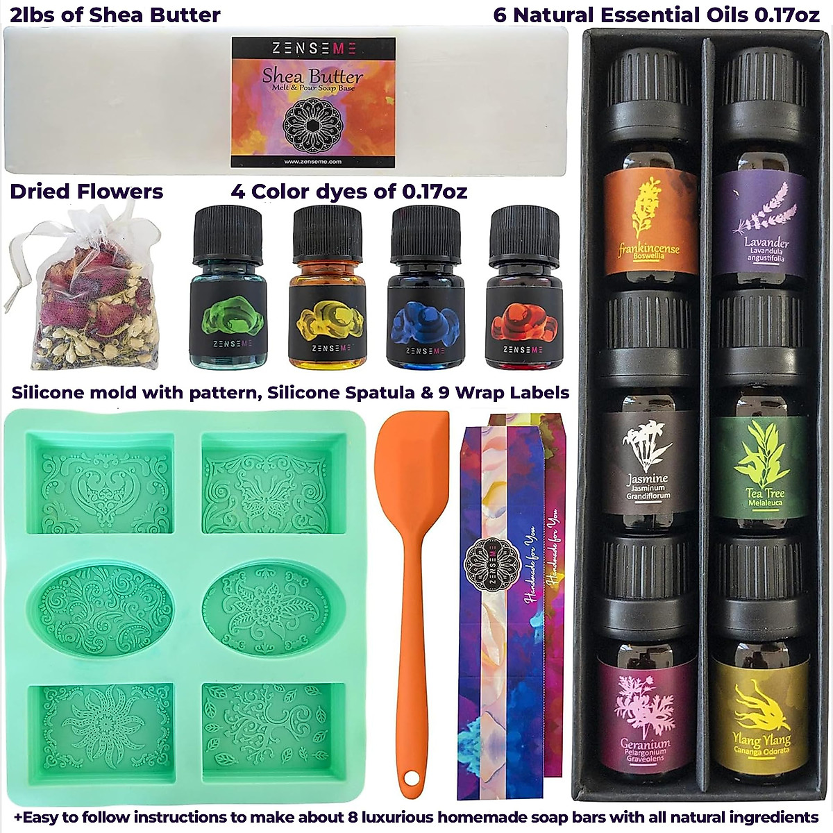 Soap Making Kit for Adults, Make Your Own Soap with Melt and Pour diy Natural Soap supplies; 6 Essential Oils, Silicone Soap Mold, Spoon, Dried Flowers, 2lbs. Shea Butter Soap Base, 4 Colors, 9 Labels