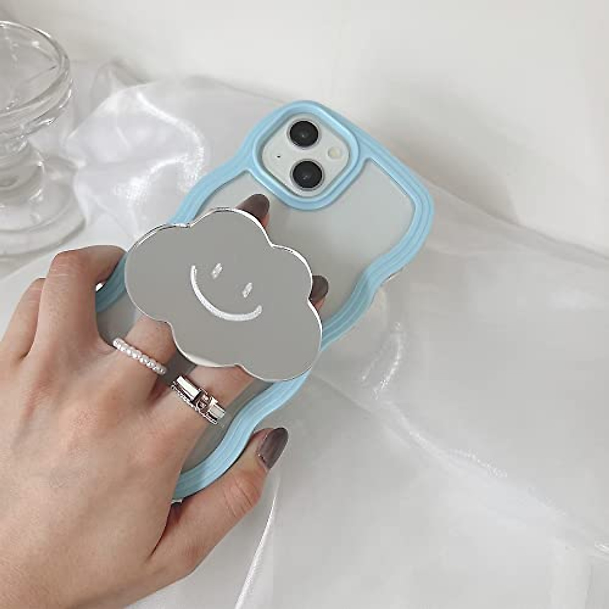 ONLYOU GRIPTOK Phone Grip Korean Grip Tok Simple Cloud Cloud Design Fluffy Mirror Cute Phone Stand Drop Prevention Custom Pair Women's Silver