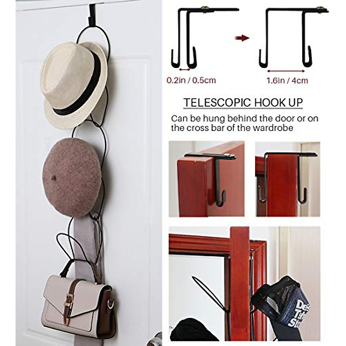 Hat Rack Caps Rack Holder,10 Rings Hat Organizer Cap Holder Organizer (Door Hooks and Sticky Hooks Include),Door/Wall/Clothes Rod Hanger Storage Hat Organizer for Baseball, Caps, Towel (round, black)