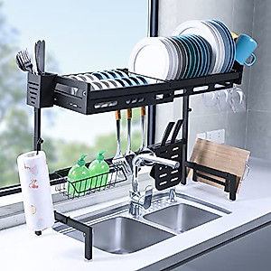 LEPO Over The Sink Dish Drying Rack, 2 Tier Stainless Steel Adjustable Length (25.6-33.5in) & Height(20.5-24.4in) Large Dish Rack Drainer with Utensil Holder for Kitchen Countertop Organizer, Black