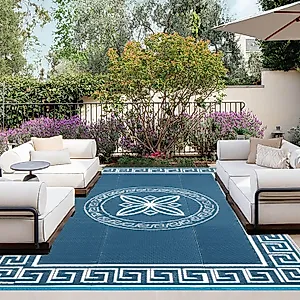 OutdoorLines Outdoor Reversible Rugs for Patio 9x12 ft - Plastic Area Rug, Stain & UV Resistant Portable RV Carpet, Plastic Straw Mats for Porch Deck and Camping Quatrefoil/Grayish Blue & White