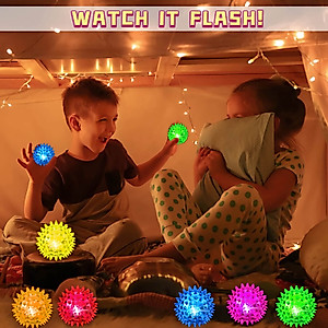 Bouncy Light Up Ball for Kids - LED Flashing Spiky Sensory Stress Balls for Toddlers 1-3 2.55inch Fidget Sensory Toys Glow in The Dark for Party Favors Student Gifts School Rewards