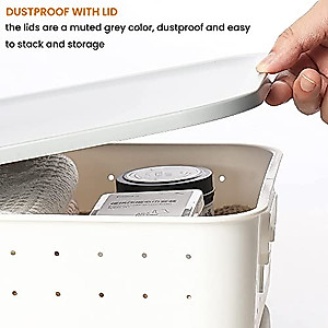 vacane Plastic Storage Bins with Lids Set of 3, Stackable Organizer Lidded Basket with Writable Label for Organizing, Sturdy Containers for Shelves Pantry Office School/S+M+L/White