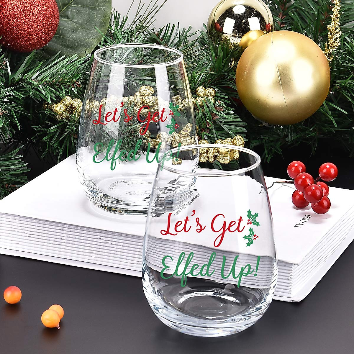 Let's Get Elfed Up Christmas Wine Glass, 15 Oz Funny Stemless Wine Glasses for Women Friends Men, Gift Idea for Christmas Wedding Party, Set of 2