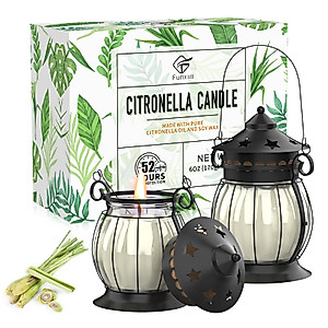 Citronella Candles Outdoor, 2 x 6oz Scented Candles with Vintage Metal Lantern Holder, Natural Citronella Soy Wax Candles, Lemongrass Candles for Patio, Garden, and Camping - Gifts for Women