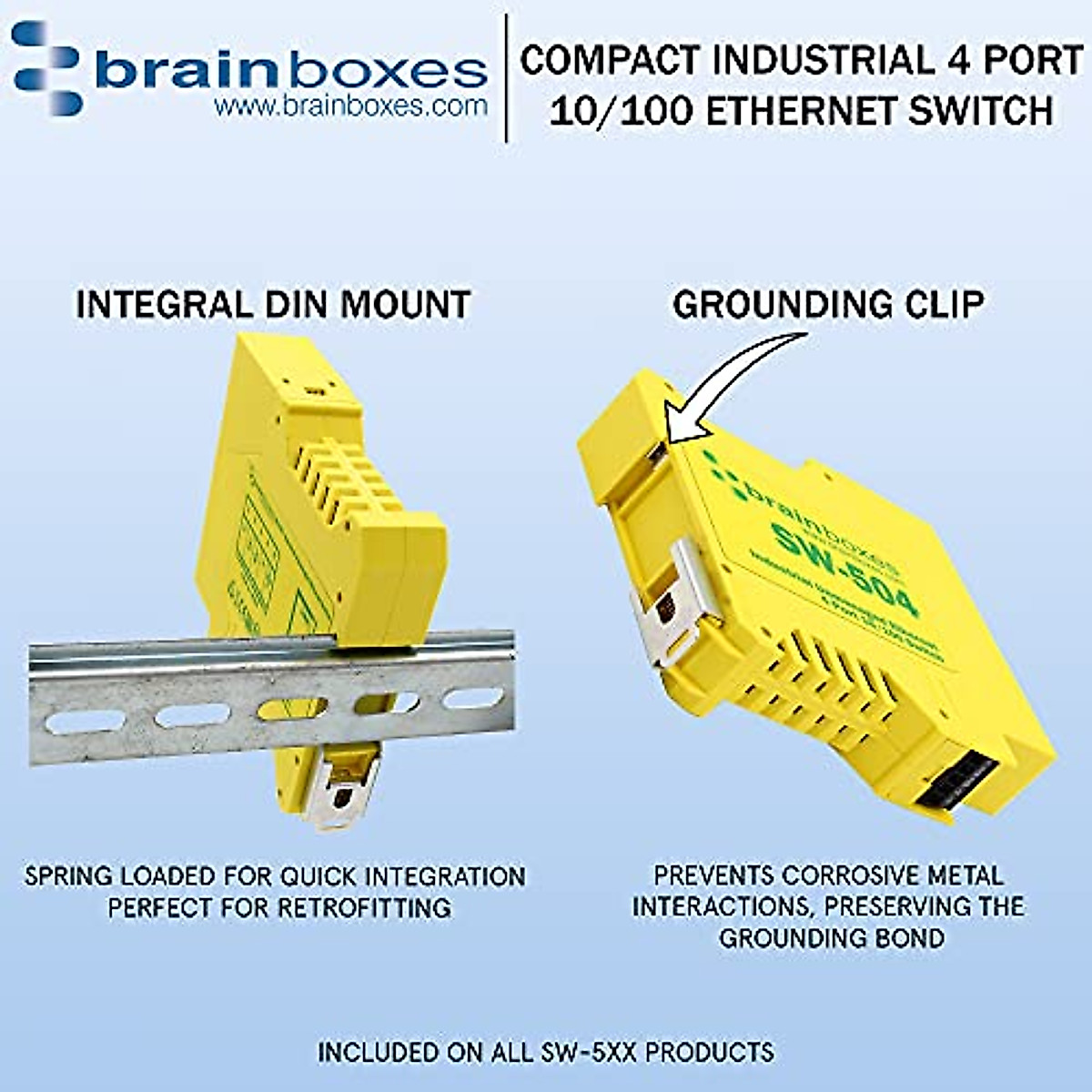 Brainboxes Switch - 4 Ports - DIN Rail mountable (SW-504)