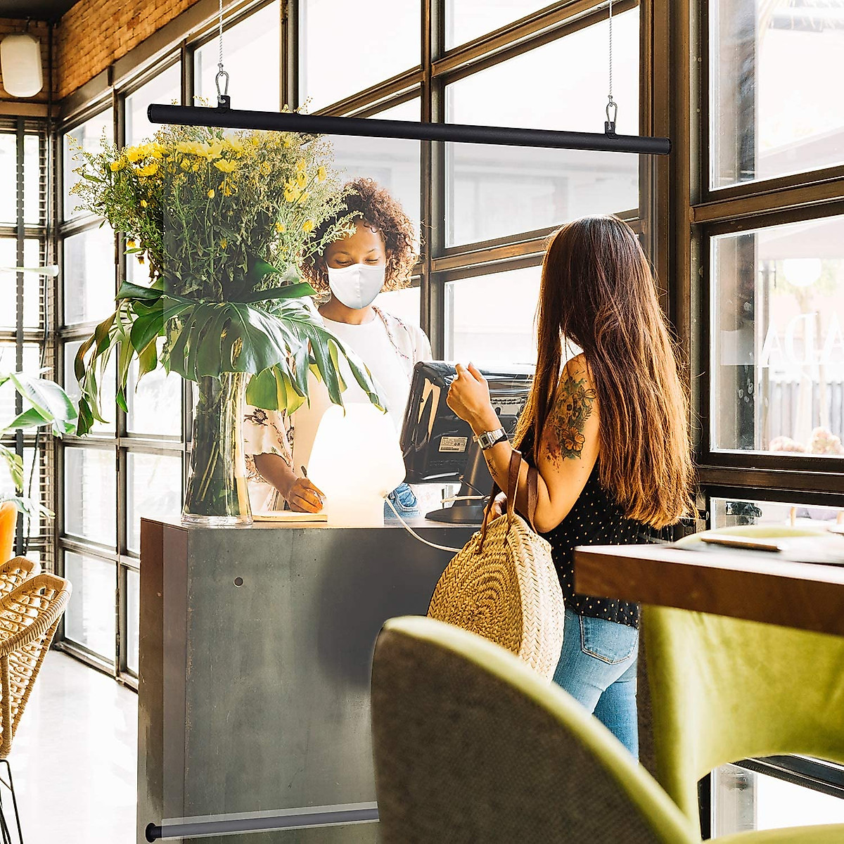 BANNER BUZZ MAKE IT VISIBLE BannerBuzz Hanging Clamp Bar Sneeze Guard with Clear Tarp Film Protective Shield for Office, Cafes, Retail Stores, Cashier, Receptionist (3' x 2')