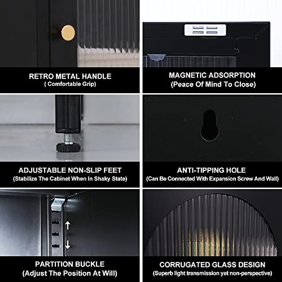 WISUNO Metal Storage Cabinet for Living Room,Bedroom,Home,Office,Kitchen,3-Tier,Glass Door,Removable Shelves (Single Glass Door, Black)