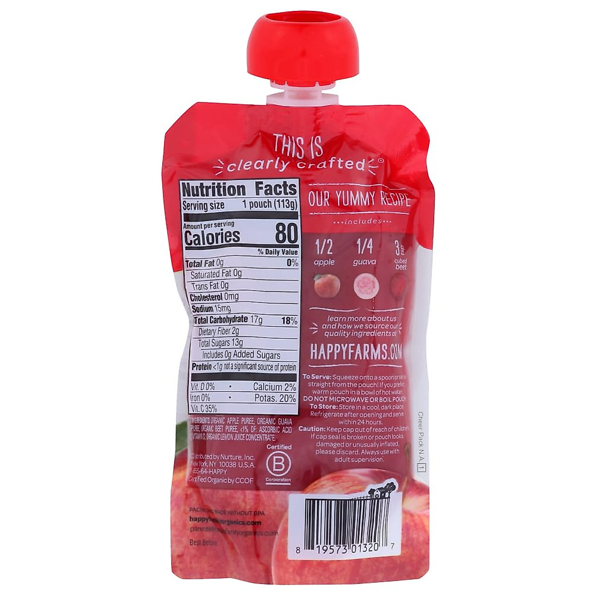 Happy Baby Organics Stage 2 Baby Food Pouches, Gluten Free, Vegan & Healthy Snack, Clearly Crafted Fruit & Veggie Puree, Apples Guavas & Beets, 4 Ounces (Pack of 8)