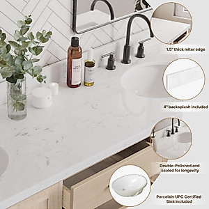 ARIEL 72 inch double bathroom vanity top with sink, 1.5 Inch Thick Miter Edge Carrara White Quartz top, Oval double sink vanity top, Includes Backsplash
