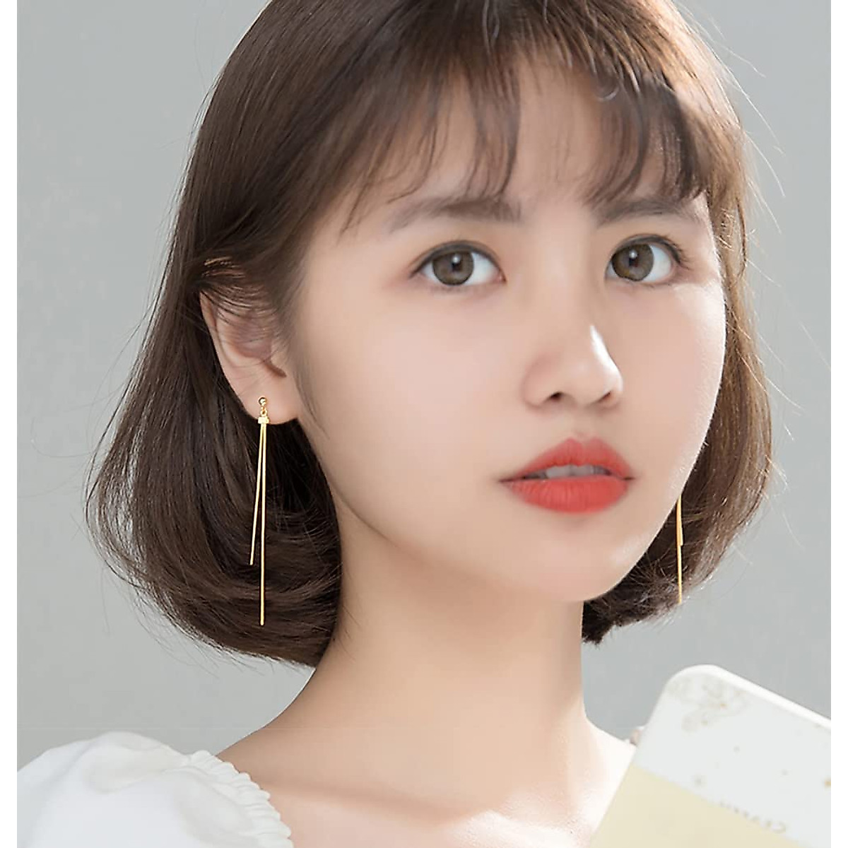 Reffeer Solid 925 Sterling Silver Tassel Chain Dangle Earrings for Women Teen Girls Long Dangle Drop Earrings Minimalist (B-18K Gold)