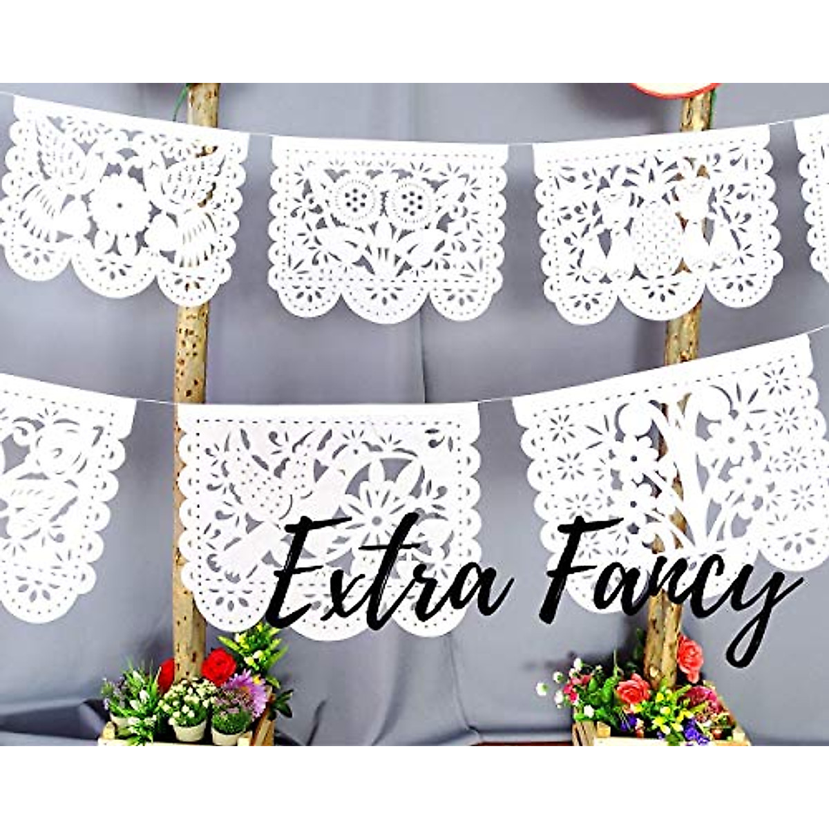 Mexican Party Decorations, 5 Pk White Papel Picado Banner Over 83 Feet long, For Wedding decorations, quinceañeras, birthdays, Mexican PAPER 50 Wedding Flags on string WS93