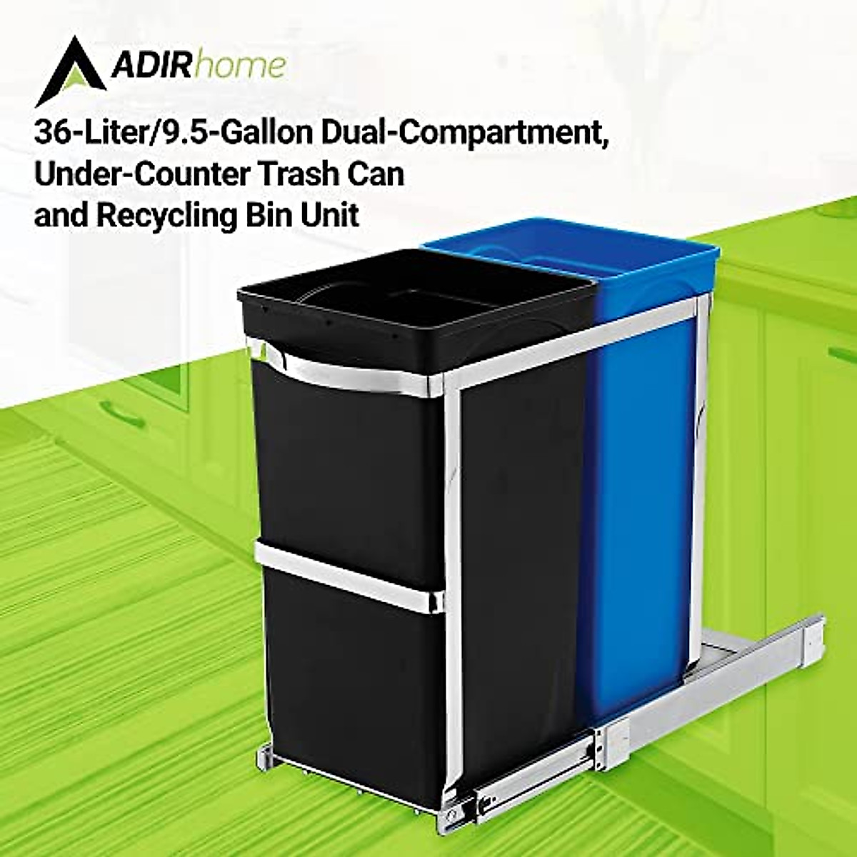 AdirHome 36-Liter Dual-Compartment, Under-Counter Trash Can and Recycling Bin Unit - Metal Sliding Shelf with 2 Garbage Bins for Kitchen & Pantry Under Cabinets Compatible with Hinged or Pull Out Door