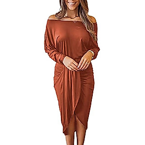PRETTYGARDEN Women's Ruched Midi Dress Off Shoulder Long Sleeve Asymmetrical Draped Wrap Bodycon Cocktail Dresses (Brick Red,Small)