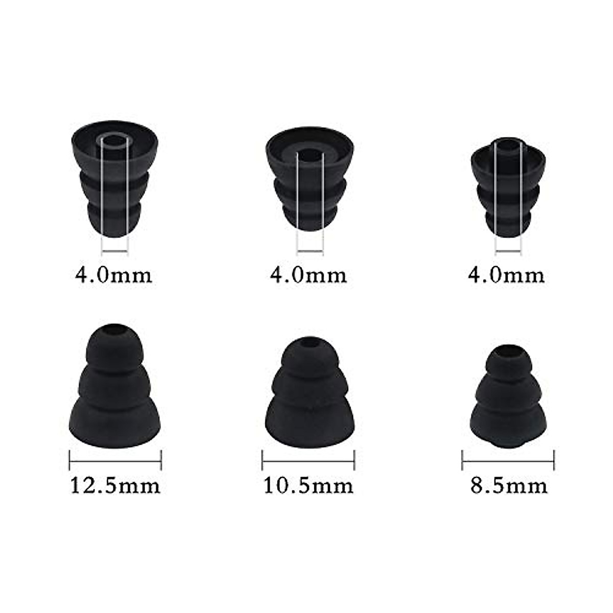 BLLQ 6 Pairs Replacement Triple Flange Conical Ear Tips Earbuds Eartips Silicone Buds for Most in Ear Headphones (Sony Senso Powerbeats Jaybird etc.) Black [S/M/L 3 Size] (3flange Tips 3)