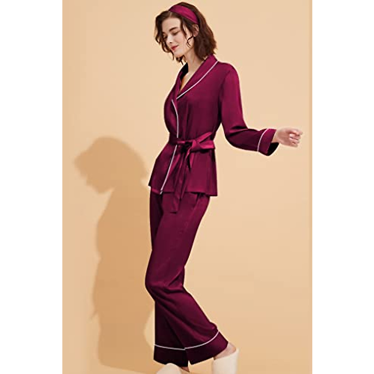 SWOMOG Womens Satin Pajamas Set Silk Long Sleeve Pjs Set V-Neck Robe and Pants Sleepwear S-XXL