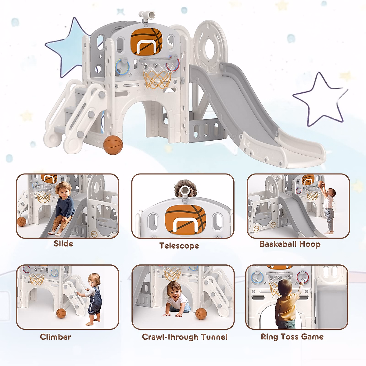 XJD 8 in 1 Toddler Slide Set, Kids Slide for Toddlers Age 1+, Toddler Climber Slide PlaySet with Basketball Hoop and Ball,Outdoor Indoor Playground for Toddlers 1-3 (Beige Grey, 8 in 1)