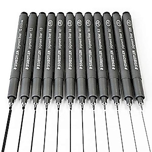 Staedtler Pigment Liner black fineliner pens, full professional 12 pieces artist drawing technical drafting sets