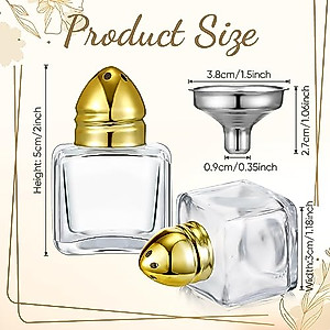 Uiifan 12 Pcs 0.5 oz Cube Shape Small Salt and Pepper Shakers with Gold Tone Tops Clear Mini Glass Seasoning Jars Spice Salt Shakers with Funnel for Gold Wedding Party Home Restaurant Kitchen Travel