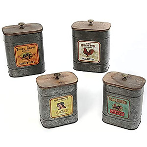 Set of 4 Large Vintage Antique Style Galvanized Metal Kitchen Canisters with Wood Lids Sugar Tea Coffee and Flour