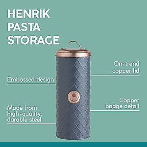 Typhoon 1401.664 Henrik Storage Canister | Hardwearing Coated Steel Tinware with Copper Lid and Badge | Keeps Pasta Fresh for Longer | Grey, 110mm x 110mm x 270mm