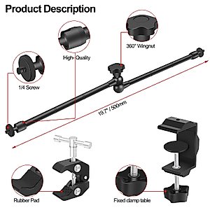 Toolour Magic Arm Camera Mounts Clamps w/ 1/4" and 3/8" Thread, 19.7” Adjustable Friction Power Articulating Arm with 2.6" Super Clamp for LCD Monitor/LED Light/Camera Video Rig/Smartphone