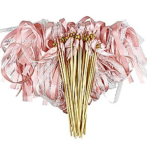 Cieovo 50 Pack Ribbon Fairy Wands Party Sticks Streamers with Bells Fairy Stick Wish Wands for Baby Shower Birthday Wedding-Waving Party Favors Holiday Celebration (Rose Gold)