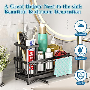Spoge Holder for Kitchen Sink - Sink Caddy with Long Brush Holder & Divider, SUS304 Stainless Steel Kitchen Sink Organizer, Dish Soap Dispenser Kitchen Organization and Storage Accessories